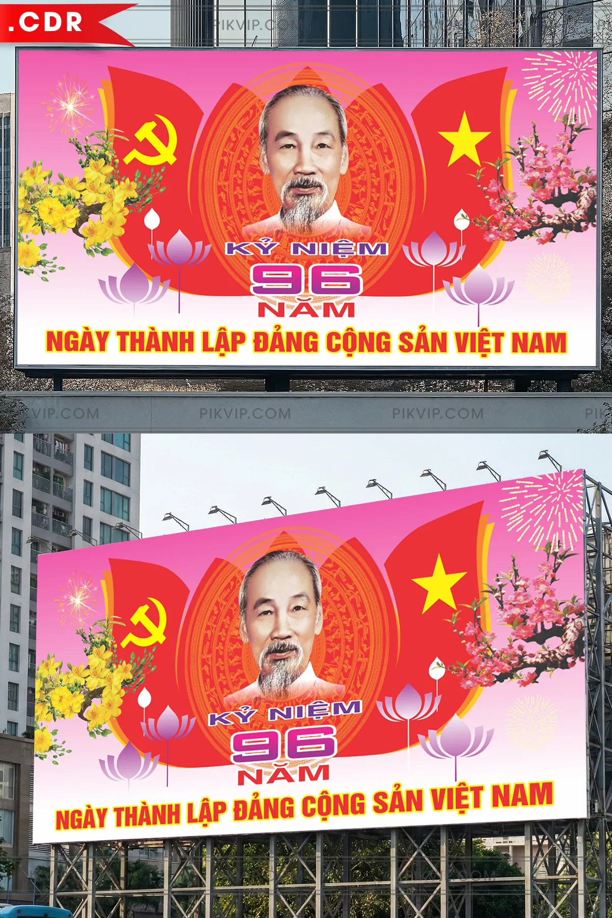 Pano Mừng Đảng 96 Năm Chân Dung Bác Hồ & Hoa Sen Hồng Vector