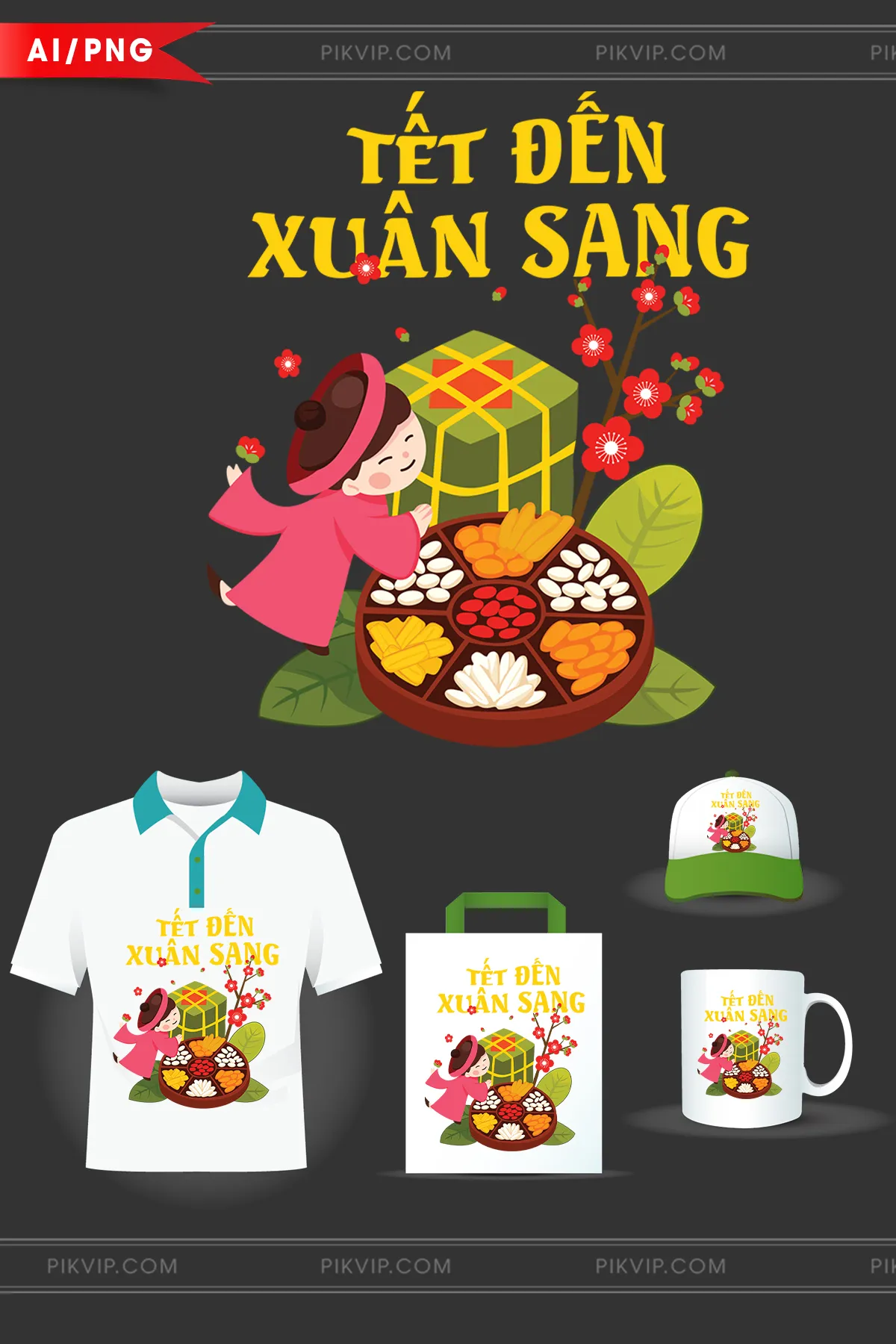 Vector Bé Gái Bên Khay Mứt Tết "Tết Đến Xuân Sang"