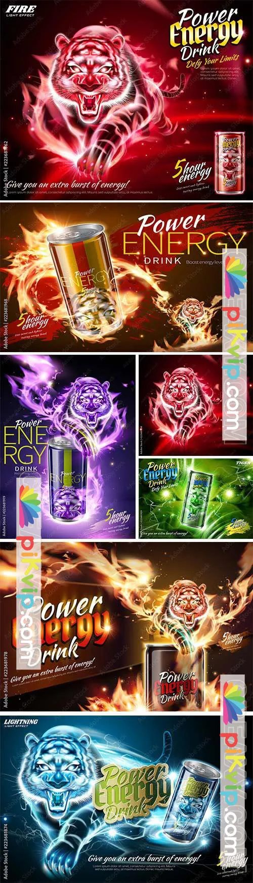 Tiger with red burning flame power energy drink ads vector